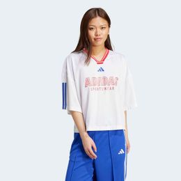 T-Shirt adidas Sportswear "TIRO NATIONS PACK BOYFRIEND", Damen, Gr. L, wei&szlig; (wei&szlig;, pure ruby, semi lucid blau), Obermaterial: 100% Polyester, V-Ausschnitt, Shirts T-Shirt, lockerer Boyfriend-Fit, mit V-Ausschnitt, l&auml;nger geschnittene &Auml;rmel