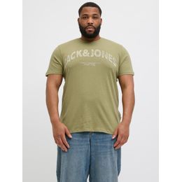 Jack & Jones PlusSize Print-Shirt "JORALMERIA BOLD BRANDING TEE SS CN PLS", Herren, Gr. 5XL, beige (cedar), Jersey, Obermaterial: 100% Baumwolle, JACK & JONES PLUSSIZE, bedruckt, regular fit taillenbedeckt, Rundhals, Shirts, mit Logo Print