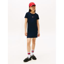 Shirtkleid Tommy Hilfiger "STRAIGHT PUNTO DRESS S/S", M&auml;dchen, Gr. 8 (128), N-Gr, blau (schwarz night navy), Web, Obermaterial: 72% Polyester, 23% Modal, 5% Elasthan, unifarben, straight fit ca. Mitte Oberschenkel, Rundhals, eingesetzt gerader Abschluss, Kleider Shirtkleid, Kinder bis 16 Jahre