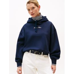 Kapuzensweatshirt Tommy Hilfiger "CLASSIC SCRIPT FLEECE HOODIE", Damen, Gr. L (40), schwarz night navy, Sweatware, Obermaterial: 77% Baumwolle, 23% Polyester, unifarben, normal, Rundhals, Sweatshirts