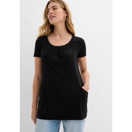 Longshirt bonprix, Damen, Gr. 44/46 (L), schwarz, Jersey, Obermaterial: 64% Polyester, 32% Viskose, 4% Elasthan, unifarben, figurumspielend Po-bedeckend, Rundhals, Shirts Longshirt, figurumspielende Passform, Kurzarm, mit Eingriffstaschen