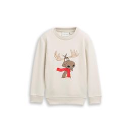 Sweater Tom Tailor, Jungen, Gr. 104/110, grauish wei&szlig;, Sweatware, Obermaterial: 70% Baumwolle, 30% Polyester, bedruckt, regular fit h&uuml;ftbedeckend, Rundhals, Flachstrickb&uuml;ndchen, Sweatshirts Sweater, mit Print und Strick-Details, f&uuml;r Kids