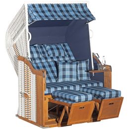 Strandkorb SUNNYSMART "Rustikal 255 Plus", wei&szlig; (korpus: natur, wei&szlig; bezug: blau, t&ouml;ne, uni blau), B:125cm H:160cm T:90cm, Strandk&ouml;rbe, Strandkorb, 2-Sitzer, komplett montiert, Oberkorb in einem St&uuml;ck geflochten