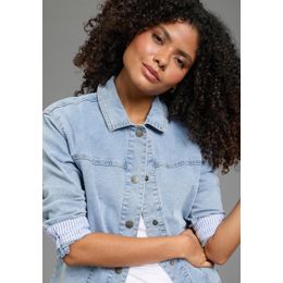 Jeansjacke Kangaroos, Damen, Gr. 50, blau washed, Denim/Jeans, Obermaterial: 72% Baumwolle, 26% Polyester, 2% Elasthan, unifarben, comfort fit h&uuml;ftlang, &Auml;rmel mit &Auml;rmelschlitz 1-Knopf-Manschette, Jacken Jeansjacke, modischer Stil, normaler Kragen, aufgesetzte Taschen, Comfort Fit