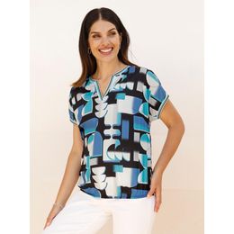 Schlupfbluse Classic Basics, Damen, Gr. 38, t&uuml;rkis, schwarz, bedruckt, 100% Polyester, gemustert, mehrfarbig, Rundhals, Blusen Schlupfbluse