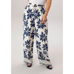 Schlupfhose ANISTON PLUS, Damen, Gr. 50, N-Gr, wei&szlig;, marine, Web, Obermaterial: 100% Viskose, bedruckt, gemustert, figurumspielend kn&ouml;chellang, Hosen Schlupfhose, mit gro&szlig;fl&auml;chigen Bl&auml;ttern bedruckt