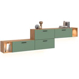 Schrank-Set Home Affaire "ENESTE, 6-teilig, in verschiedenen Farben, individuell kombinierbar", artisan eiche nachbildung, smoke gr&uuml;n, B:276cm H:34cm T:97cm, Spanplatte, Kastenm&ouml;bel-Sets, inkl. Beleuchtung, Stauraumelement, Kombination, Schrankwand, Lowboard