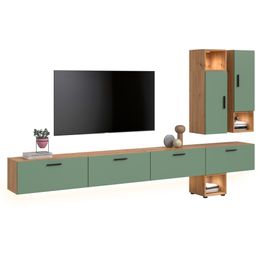 Schrank-Set Home Affaire "ENESTE, 9-teilig, in verschiedenen Farben, individuell kombinierbar", artisan eiche nachbildung, smoke gr&uuml;n, B:300cm H:34cm T:178cm, Spanplatte, Kastenm&ouml;bel-Sets, inkl. Beleuchtung, Stauraumelement, Kombination, Schrankwand, Lowboard