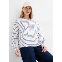 Langarmshirt bonprix, Damen, Gr. 44/46 (L), wei&szlig;, dunkelblau gestreift, Jersey, Obermaterial: 100% Baumwolle, geringelt, gestreift, loose fit h&uuml;ftbedeckend, Rundhals, weit angesetztes B&uuml;ndchen, Shirts Langarmshirt, lockere Passform mit &uuml;berschnittenen Schultern, mit Ballon-&Auml;rmeln