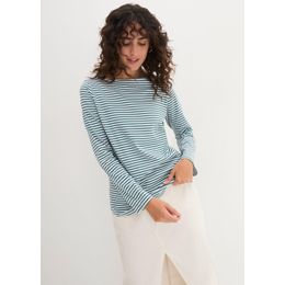 Langarmshirt bonprix "Langarmshirt aus reiner Baumwolle", Damen, Gr. 44/46 (L), blau (pfeffergr&uuml;n, wei&szlig; gestreift), Web, Obermaterial: 100% Baumwolle, gestreift, bequem normal, U-Boot-Ausschnitt, Aufschlag, Shirts Langarmshirt, bequeme Passform, Langarm, f&uuml;r Alltag, aus reiner Baumwolle