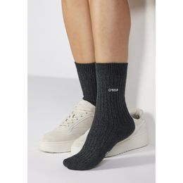 Basicsocken Copenhagen Studios, Damen, Gr. 43-46, 1x dunkelgr&uuml;n meliert, Baumwollmischung, melange, elastisch, Socken, gerippt mit Logo Stickerei