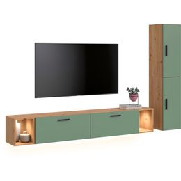 Schrank-Set Home Affaire "ENESTE, 6-teilig, in verschiedenen Farben, individuell kombinierbar", gr&uuml;n (artisan eiche nachbildung, smoke gr&uuml;n), B:259cm H:34cm T:182cm, Spanplatte, Kastenm&ouml;bel-Sets, inkl. Beleuchtung, Stauraumelement, Kombination, Schrankwand, Lowboard