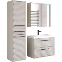 Badm&ouml;bel-Set Welltime "Canada - Fronten mit Wellenstruktur", beige (kaschmir), B:110cm H:130cm T:35cm, Holzwerkstoff, MDF, Kastenm&ouml;bel-Sets, Badm&ouml;bel-Set, Badm&ouml;bel mit Soft-Close, Spiegelschrank, Waschtisch mit Becken