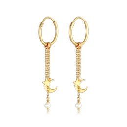 Paar Creolen Elli "Creolen H&auml;nger Stern Mond Zuchtperle 925 Silber", gold, Ohrringe, Damen, onesize, ohne Stein, Silber 925 (Sterlingsilber)