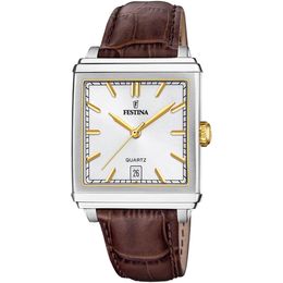 Quarzuhr Festina "On The Square", braun (braun, silberfarben), Armbanduhren, Damen, Quarzuhr, Armbanduhr, Herrenuhr, Damenuhr, Lederarmband, Datum