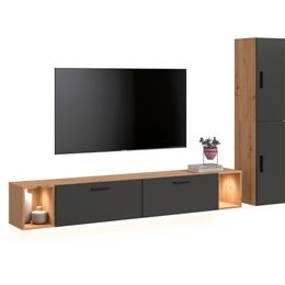 Schrank-Set Home Affaire "ENESTE, 6-teilig, in verschiedenen Farben, individuell kombinierbar", schwarz (artisan eiche nachbildung, basalt grau), B:259cm H:34cm T:182cm, Spanplatte, Kastenm&ouml;bel-Sets, inkl. Beleuchtung, Stauraumelement, Kombination, Schrankwand, Lowboard