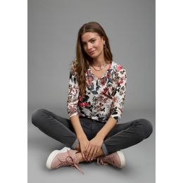 3/4-Arm-Shirt Laura Scott, Damen, Gr. 40, bunt (wei&szlig;, gebl&uuml;mt), Single Jersey, Obermaterial: 95% Viskose, 5% Elasthan, gebl&uuml;mt, gemustert, l&auml;ssig geschnitten h&uuml;ftlang, V-Ausschnitt, Shirts 3/4-Arm-Shirt, l&auml;ssige Passform und elegante Printvarianten