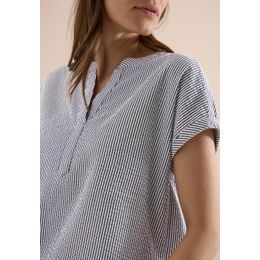 Kurzarmbluse Cecil, Damen, Gr. L (42), universal blau, Web, 75% Baumwolle, 25% Modal, gestreift, klassisch normal, Rundhals, abgesteppt, Blusen, mit geschlitztem Rundhalsausschnitt