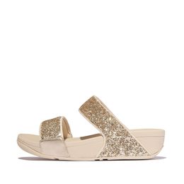 Pantolette fitflop "LULU MULTI-TONAL GLITTER SLIDES", Damen, Gr. 41, goldfarben, Lederimitat, Glitzer, Schuhe Pantolette, Keilabsatz, Sommerschuh, Schlupfschuh mit Glitzer besetzt