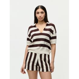 T-Shirt LEGER "Lisey, LeGer by Lena Gercke", Damen, Gr. 34, braun, wei&szlig;, Web, Obermaterial: 80% Baumwolle, 20% Nylon, gestreift, regular fit taillenbedeckt, V-Ausschnitt, eingesetzt gerader Abschluss, Shirts T-Shirt, Regular fit mit Polokragen