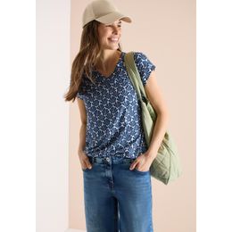 T-Shirt Cecil, Damen, Gr. L (42), universal blau, Web, 50% Baumwolle, 50% Modal, gemustert, comfort fit normal, V-Ausschnitt, normaler Saum, Shirts T-Shirt, mit Minimal Muster