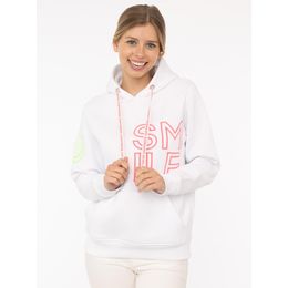 Hoodie Zwillingsherz "Alissa 2.0", Damen, Gr. L, wei&szlig;, Sweatware, Obermaterial: 50% Baumwolle, 50% Polyester, bedruckt, unifarben, h&uuml;ftbedeckend, ohne Ausschnitt, Rippb&uuml;ndchen, Sweatshirts Hoodie, mit SMILE Stickerei vorne und hinten