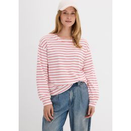 Langarmshirt bonprix, Damen, Gr. 40/42 (M), wei&szlig;, erdbeere gestreift, Jersey, Obermaterial: 100% Baumwolle, geringelt, gestreift, loose fit h&uuml;ftbedeckend, Rundhals, weit angesetztes B&uuml;ndchen, Shirts Langarmshirt, lockere Passform mit &uuml;berschnittenen Schultern, mit Ballon-&Auml;rmeln