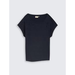 Tom Tailor Damen T-Shirt mit Lochstickereien, blau, Uni, Gr. L