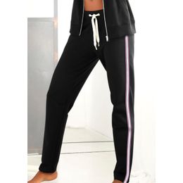 H.I.S. Homewearhose H.I.S, Damen, Gr. 32/34, N-Gr, schwarz, Trikot, Obermaterial: 77% Baumwolle, 20% Polyester, 3% Elasthan, unifarben mit Farbeins&auml;tzen, Basic, bequem lang, Hosen, -Loungehose mit seitlichen Streifen und Eingrifftaschen, Loungewear