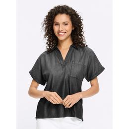 Kurzarmbluse Heine, Damen, Gr. 34, schwarz denim, 100% Baumwolle, unifarben, V-Ausschnitt, Blusen