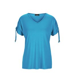 Kurzarmshirt GOLDNER "Kurzgr&ouml;&szlig;e Kurzarm Viskose-Oberteil", Damen, Gr. 20, blau (t&uuml;rkis), Obermaterial: 95% Viskose CV. 5% Elasthan EL., figurumspielend, V-Ausschnitt, Sonstiges, Shirts, strechbequeme Viskosejersey