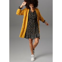 Longstrickjacke Aniston SELECTED, Damen, Gr. 38, gelb (mais), Strick, Obermaterial: 100% Polyacryl, l&auml;ssig geschnitten ca. Mitte Oberschenkel, V-Ausschnitt, Rippstrickb&uuml;ndchen, Strickjacken Longstrickjacke, mit Lochstrick-Muster, Topseller