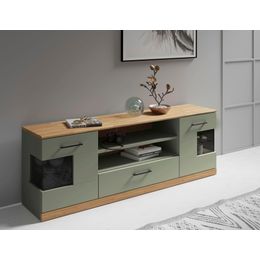 Lowboard OTTO HOME "Ribe,160cm breit,55cm hoch,Oberplatte Eiche massiv", salbei, eiche, B:160cm H:55cm T:35cm, Sideboards, Lowboard, Eiche massiv,Melamin in Salbeigr&uuml;n,schwarze Metall Griffe