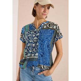 Kurzarmbluse Cecil, Damen, Gr. XXL (46), universal blau, Stoff, 100% Viskose, bedruckt, klassisch normal, Rundhals, Umschlagbund, Blusen, aus softer Viskose