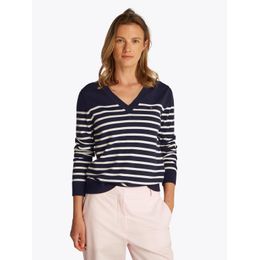 Strickpullover Tommy Hilfiger "STITCH V-NECK", Damen, Gr. XS (34), blau (schwarz night navy, ivory petal stp), Feinstrick, Obermaterial: 67% Baumwolle, 33% Polyamid, gestreift, Basic, regular fit normal, V-Ausschnitt, eingesetzt Rippstrickb&uuml;ndchen mit Kn&ouml;pfen, Pullover Strickpullover, mit Knopfdetail am &Auml;rmel, Regular Fit