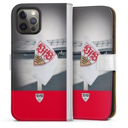DeinDesign iPhone 12 Pro Max Handy Klapph&uuml;lle Handyh&uuml;lle aus Kunst Leder wei&szlig; Flip Case Vfb Stuttgart Bundesliga Official Licensed Product Sideflip mit Lasche
