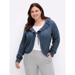 sheego by Joe Browns sheego Gro&szlig;e Gr&ouml;&szlig;en Strickjacke mit Kragen in Volantform, jeansblau-meliert, Gr&ouml;&szlig;e 52/54 - Damen