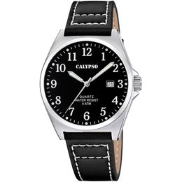 Quarzuhr Calypso Watches "Basic", schwarz, Armbanduhren, Herren, Quarzuhr, Armbanduhr, Herrenuhr, Lederarmband, analog, Tag