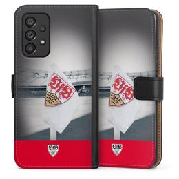 DeinDesign Galaxy A53 5G Handy Klapph&uuml;lle Handyh&uuml;lle aus Kunst Leder schwarz Flip Case Official Licensed Product Vfb Stuttgart Bundesliga Sideflip mit langer 