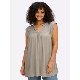 sheego Gro&szlig;e Gr&ouml;&szlig;en &Auml;rmellose Bluse mit R&uuml;schen und Stickerei, sesam, Gr&ouml;&szlig;e 44 - Damen