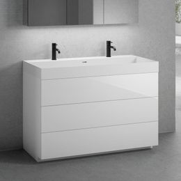 neoro n50 Unterschrank B: 120 cm mit 3 Ausz&uuml;gen, Doppelwaschtisch mit 2 Hahnl&ouml;chern wei&szlig; matt,, BN0141WM+BN0454WH,