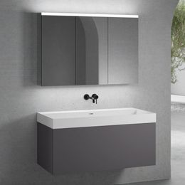 neoro n50 Unterschrank B: 120 cm mit 1 Auszug, Waschtisch ohne Hahnloch wei&szlig; matt, mit Spiegelschrank f&uuml;r die Schweiz,, BN0136WM+BN0434GR+BN0488MI,