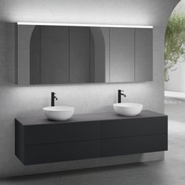 neoro n50 M&ouml;belanlage B: 200 cm mit 4 Ausz&uuml;gen, 2 Waschtische &Oslash; 45 cm wei&szlig; matt, mit Spiegelschrank f&uuml;r die Schweiz,,