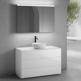 neoro n50 Unterschrank B: 120 cm mit 3 Ausz&uuml;gen, Waschtisch &Oslash; 45 cm wei&szlig; matt, mit Spiegelschrank f&uuml;r die Schweiz,,