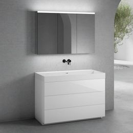 neoro n50 Unterschrank B: 120 cm mit 3 Ausz&uuml;gen, Waschtisch ohne Hahnloch wei&szlig; matt, mit Spiegelschrank,, BN0136WM+BN0454WH+BN0475MI,