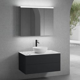 neoro n50 Unterschrank B: 100 cm mit 2 Ausz&uuml;gen, Waschtisch &Oslash; 40 cm wei&szlig; matt, mit Spiegelschrank f&uuml;r die Schweiz,,