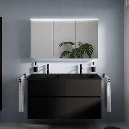 evineo ineo5 evo Unterschrank B: 120 cm mit 4 Ausz&uuml;gen, Slim-Doppelwaschtisch schwarz matt, mit ineo5 evo Spiegelschrank CH,,