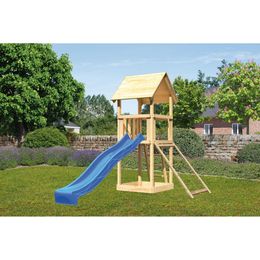 Akubi Kinderspielturm 'Lotti' mit Rutsche und Netzrampe natur/blau 107 x 107 cm