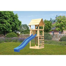 Akubi Kinderspielturm 'Lotti' mit Rutsche und Kletterwand natur/blau 107 x 107 cm