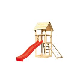 Akubi Kinderspielturm 'Lotti' mit Rutsche und Netzrampe natur/rot 107 x 107 cm